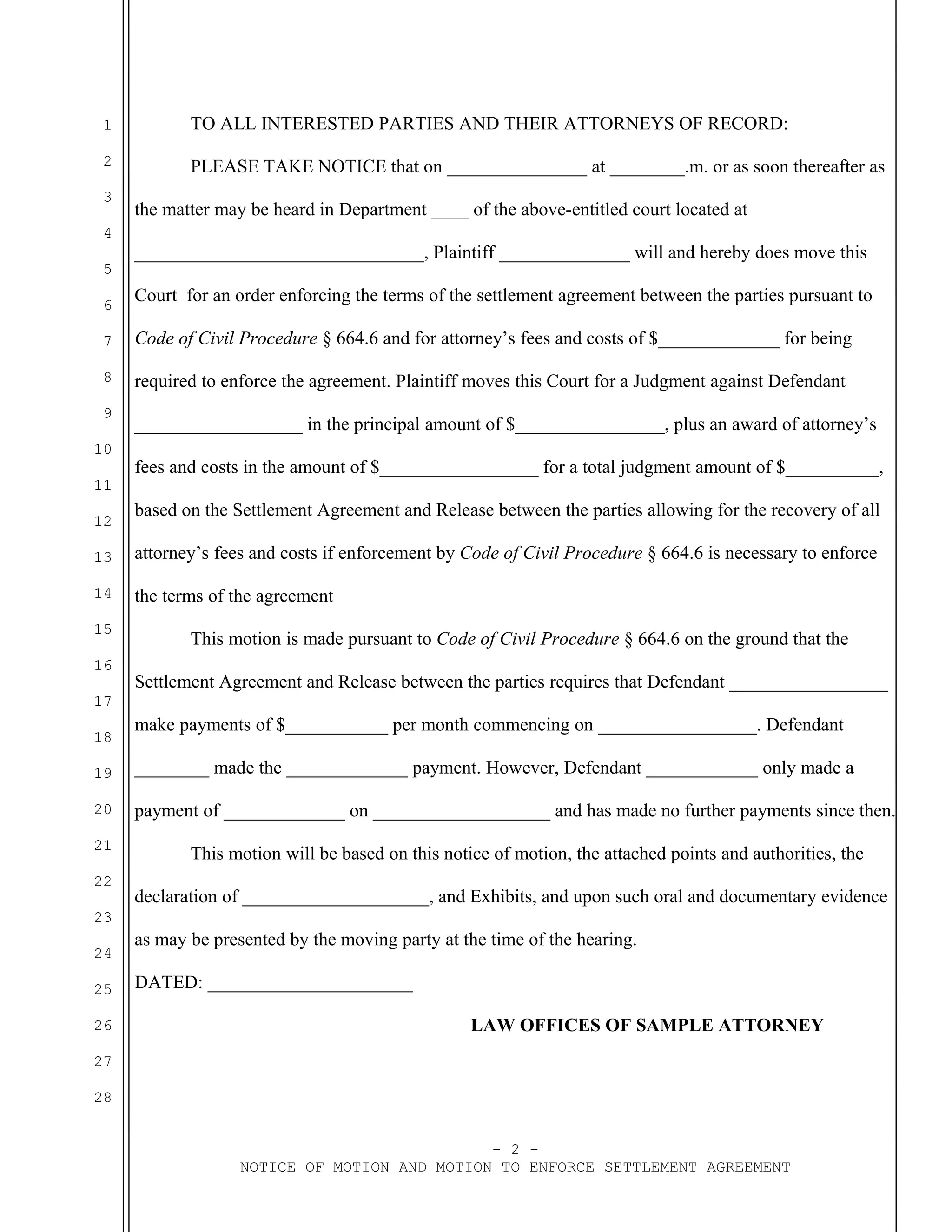 Sample California motion to enforce settlement agreement | DOC