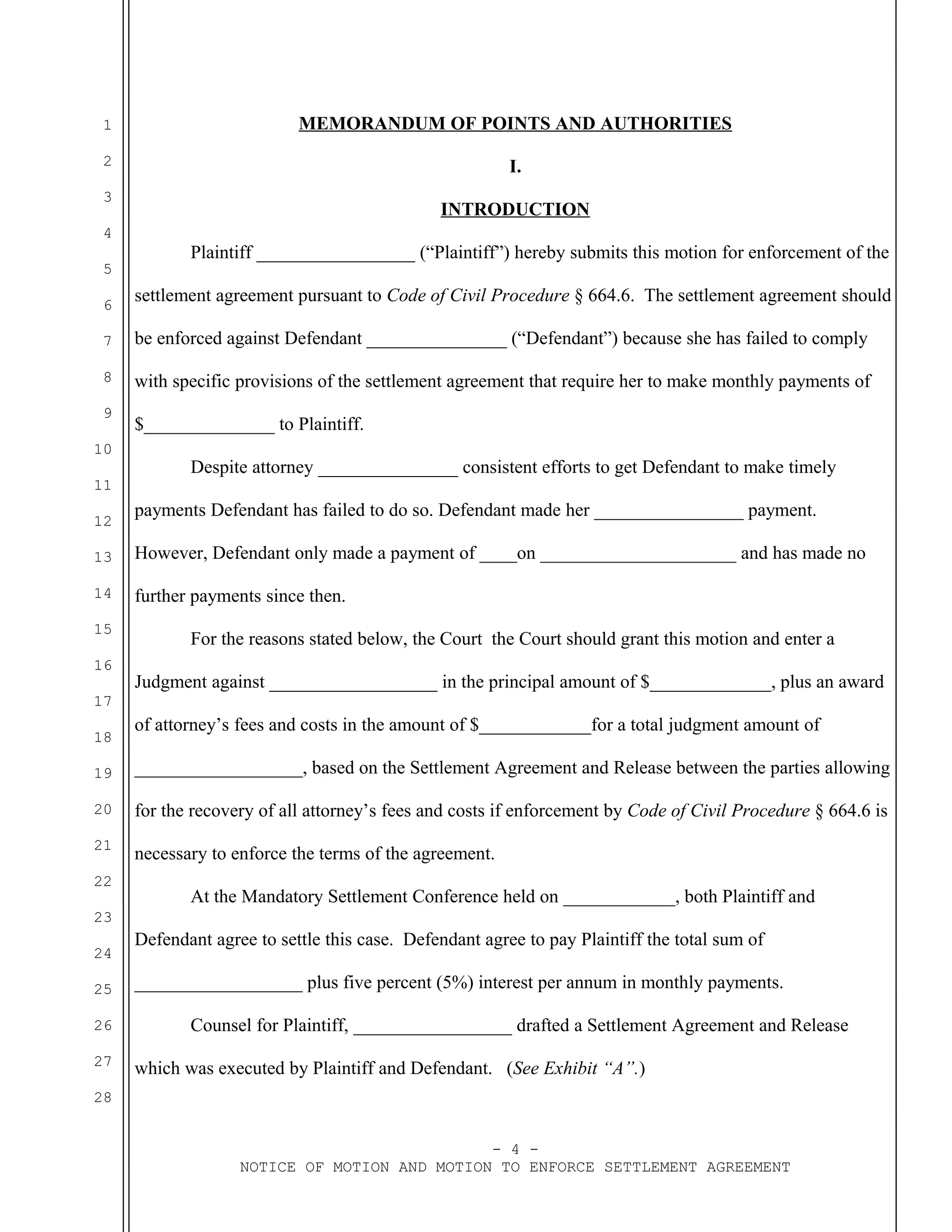 Sample California motion to enforce settlement agreement | DOC
