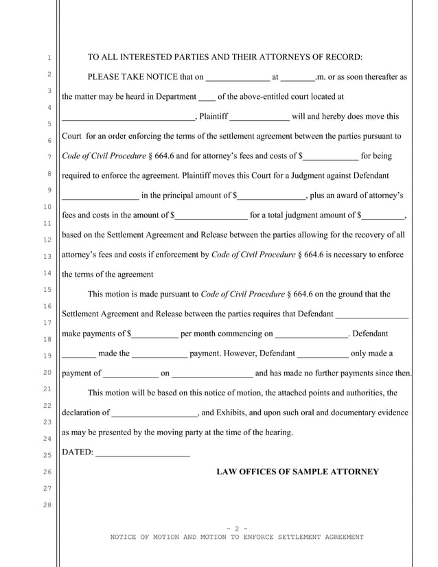 Sample California motion to enforce settlement agreement | DOC | Legal ...