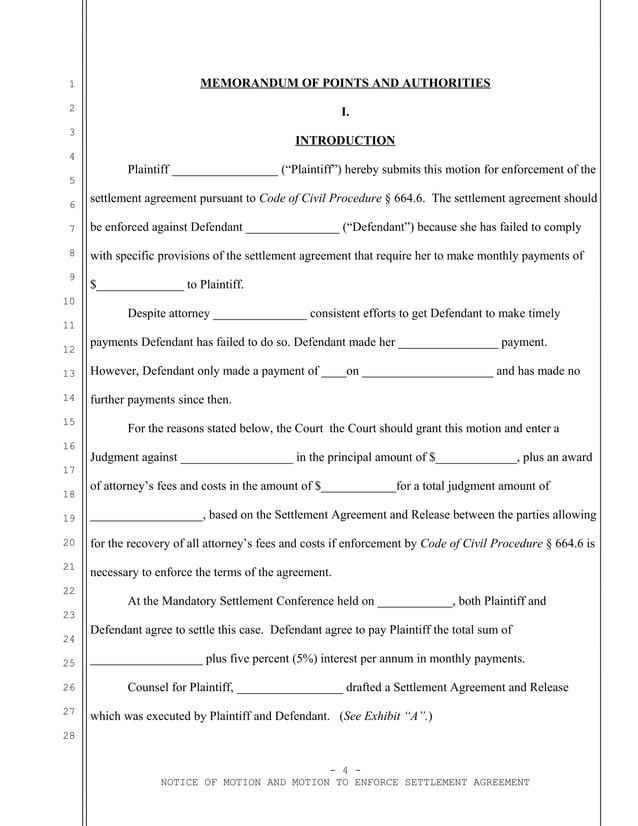 Sample California motion to enforce settlement agreement | DOC | Legal ...