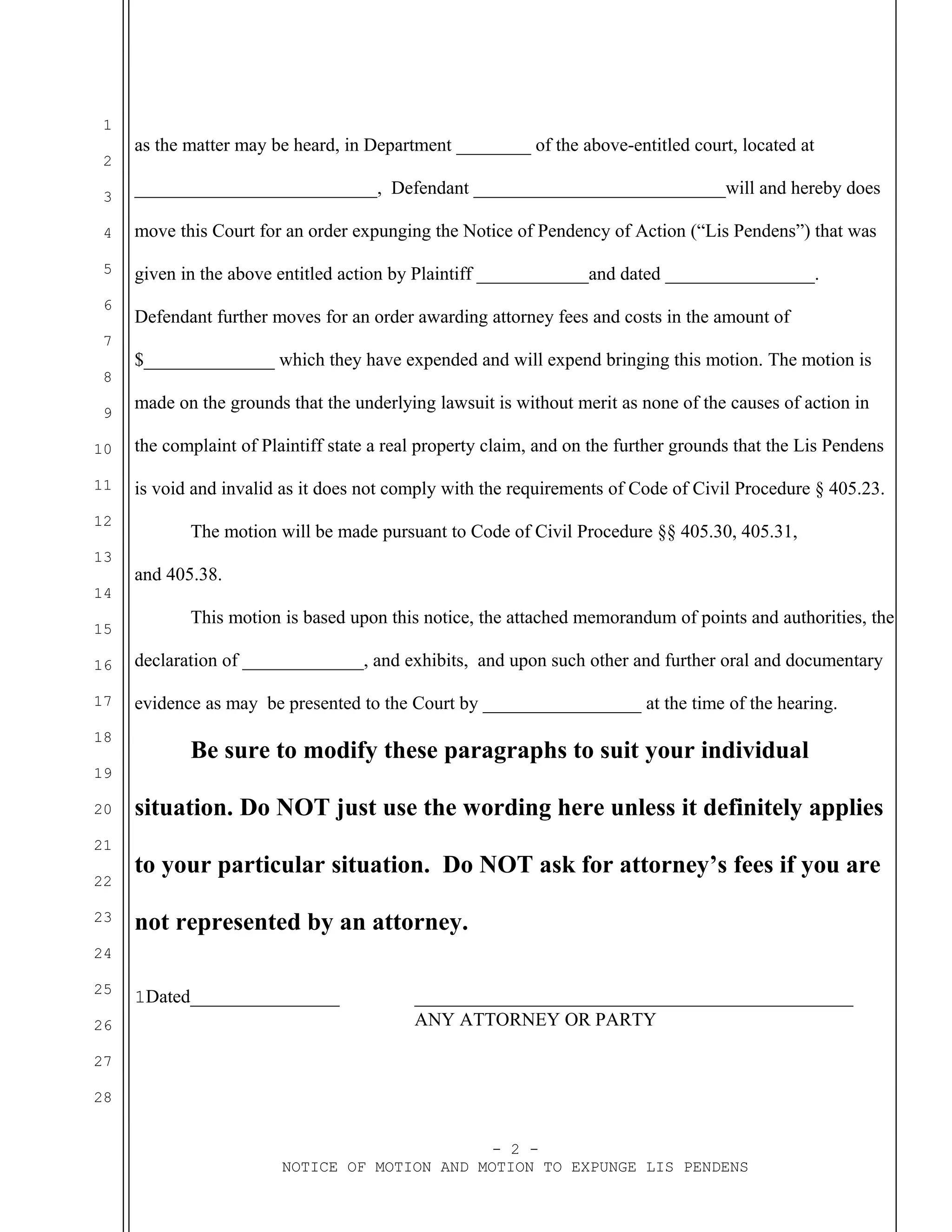 Sample motion to expunge lis pendens for California | DOC