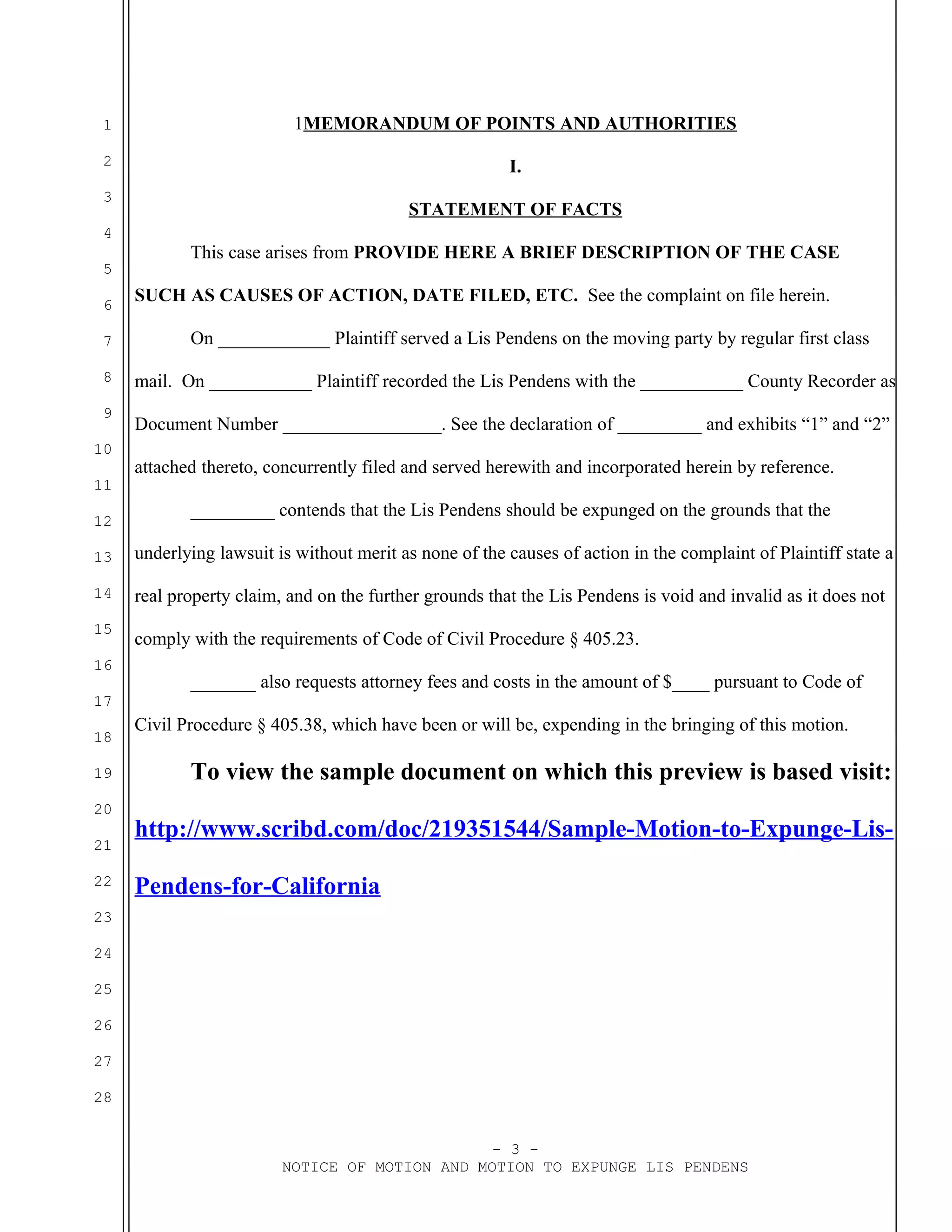Sample motion to expunge lis pendens for California | DOC