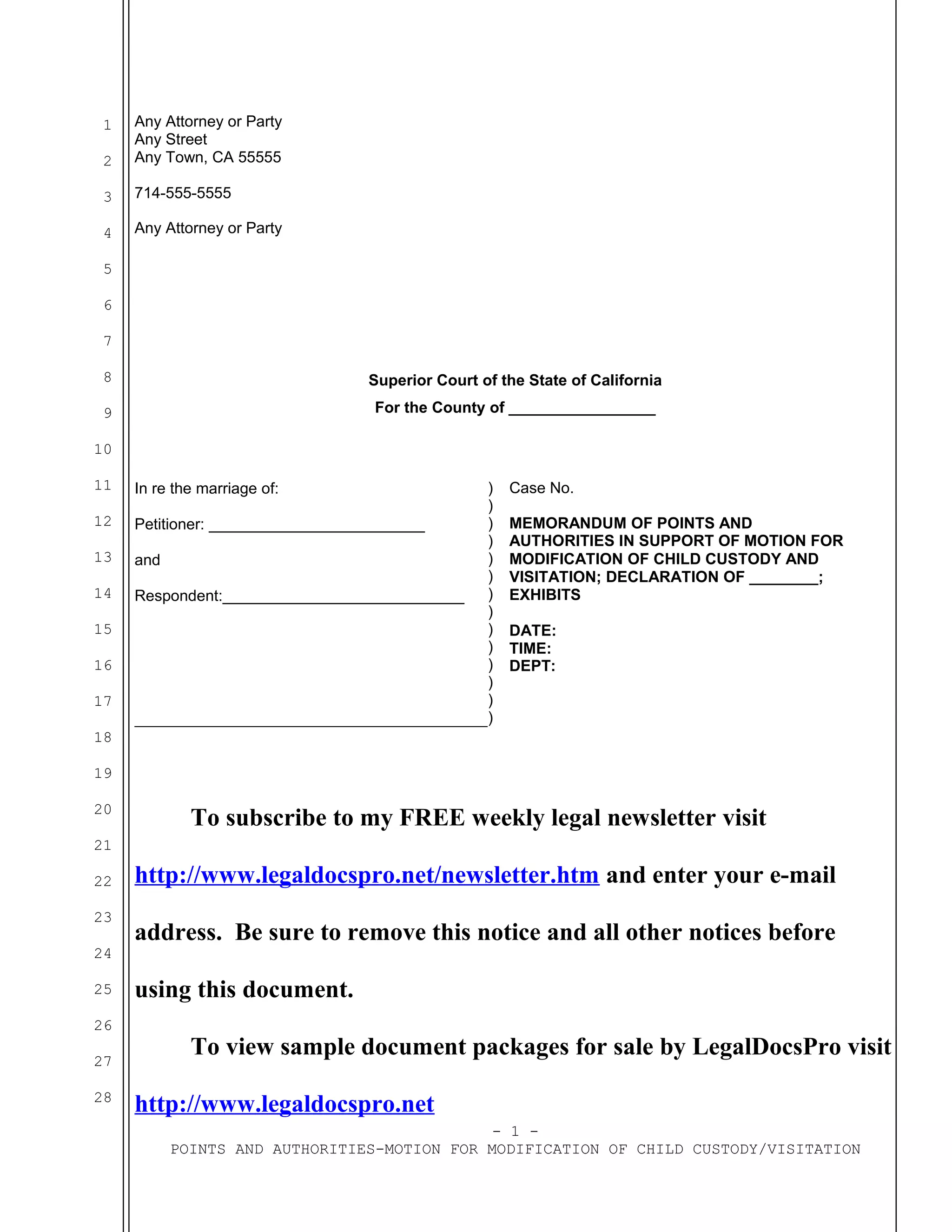 Sample motion to modify child custody and visitation in California | DOC