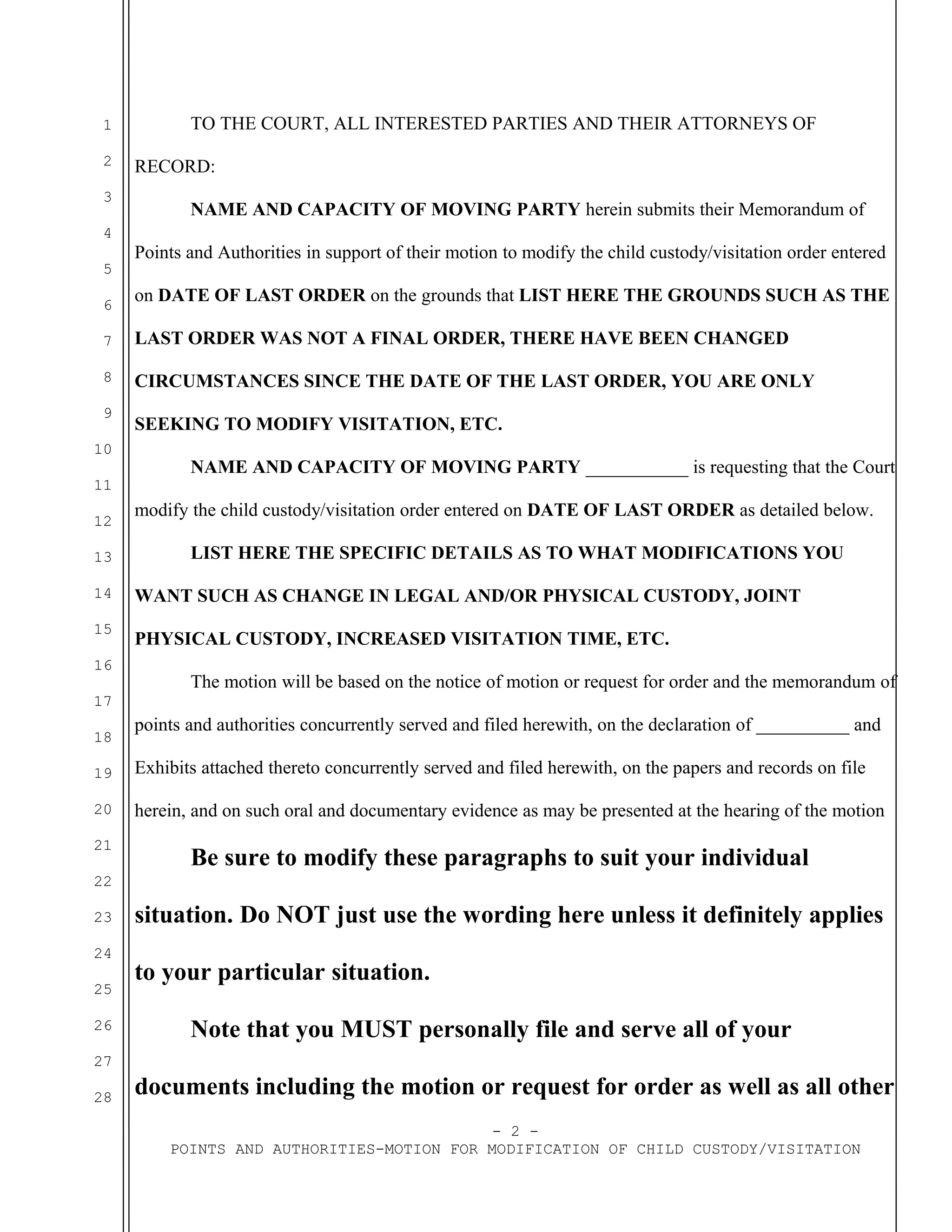 Sample motion to modify child custody and visitation in California | DOC