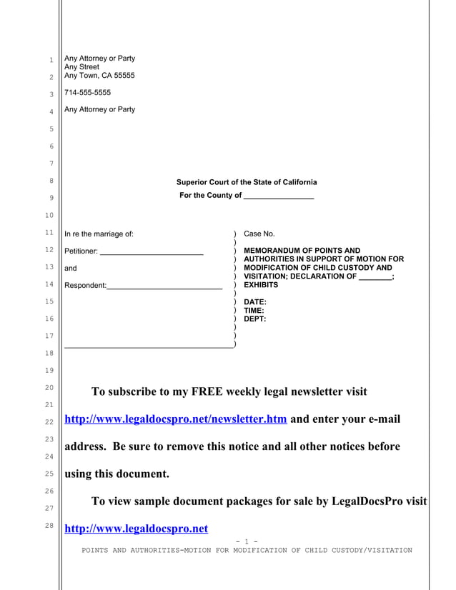 Sample motion to modify child custody and visitation in California | DOC
