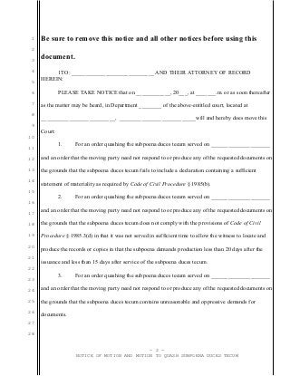 Sample motion to quash subpoena duces tecum in California