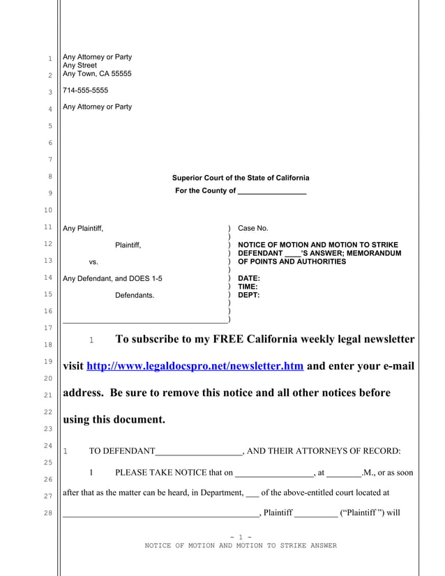 Sample California motion to strike answer | DOC