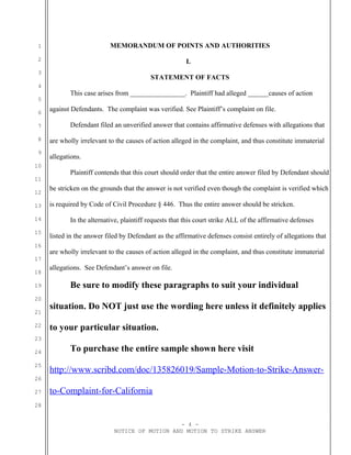 Sample California motion to strike answer | DOC