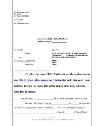 Sample California motion to strike answer | PDF