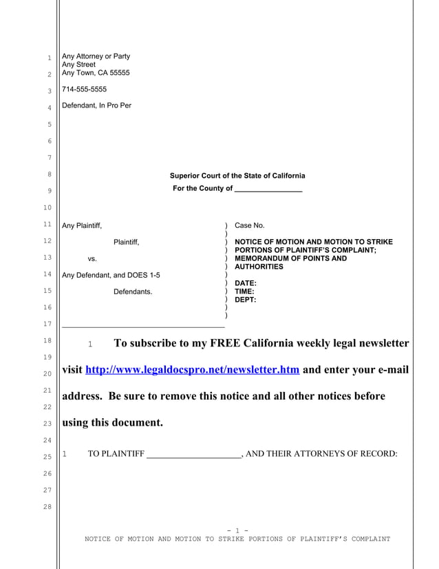 Sample California motion to strike complaint | DOC | Legal Services ...
