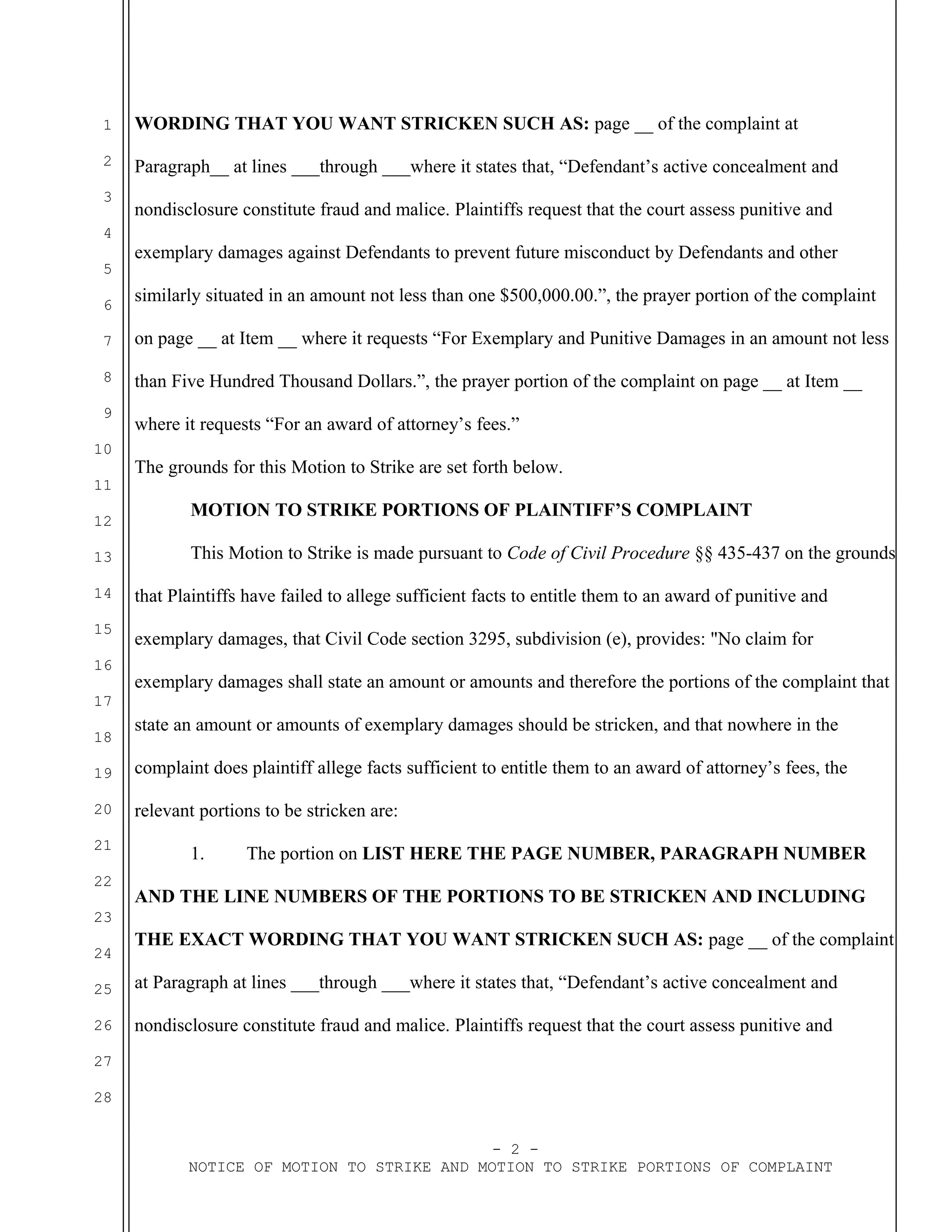 Sample motion to strike punitive damages in california | DOC