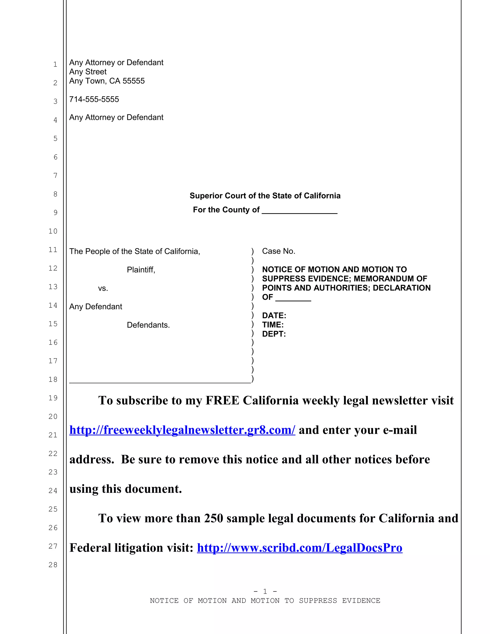 Sample motion to suppress evidence for California | DOC