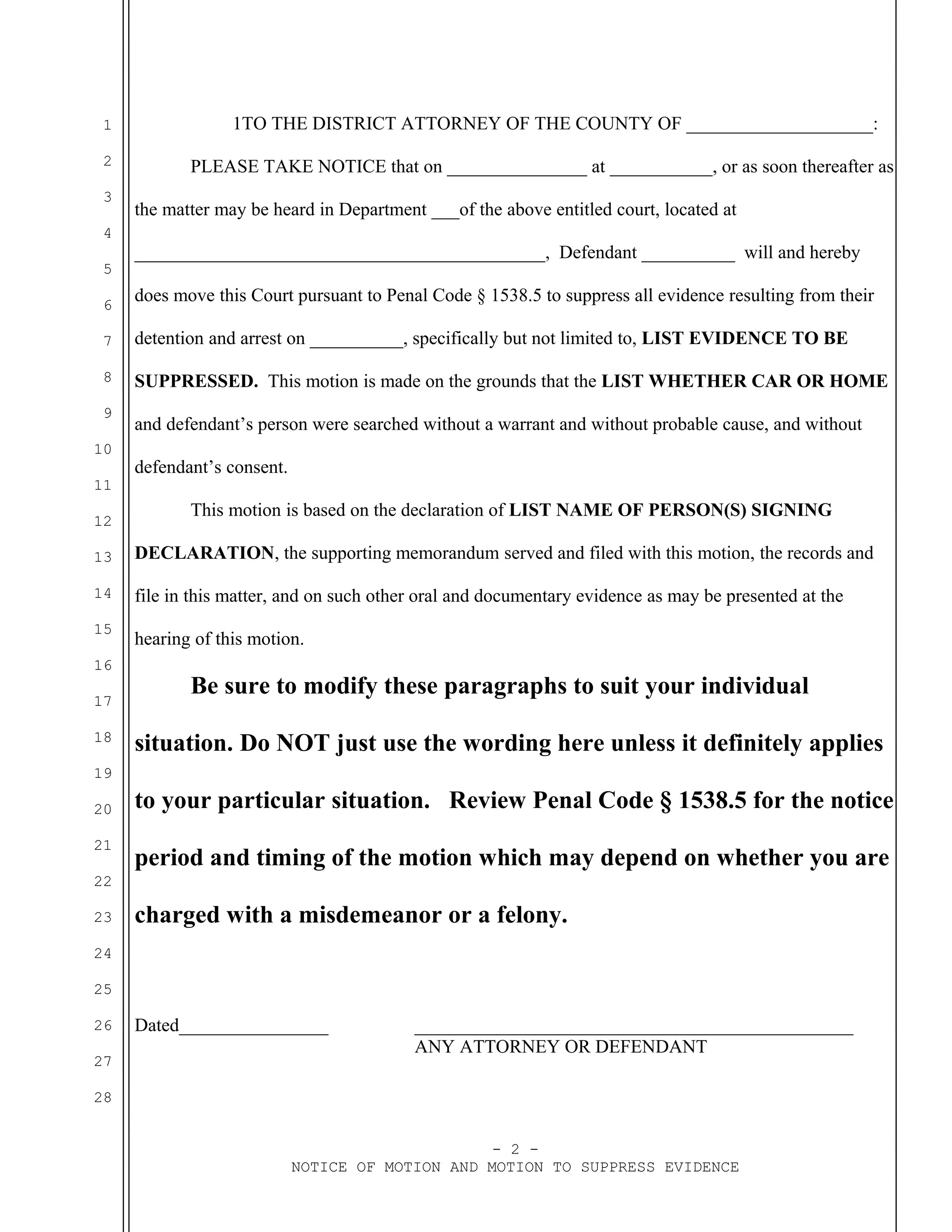 Sample motion to suppress evidence for California | DOC