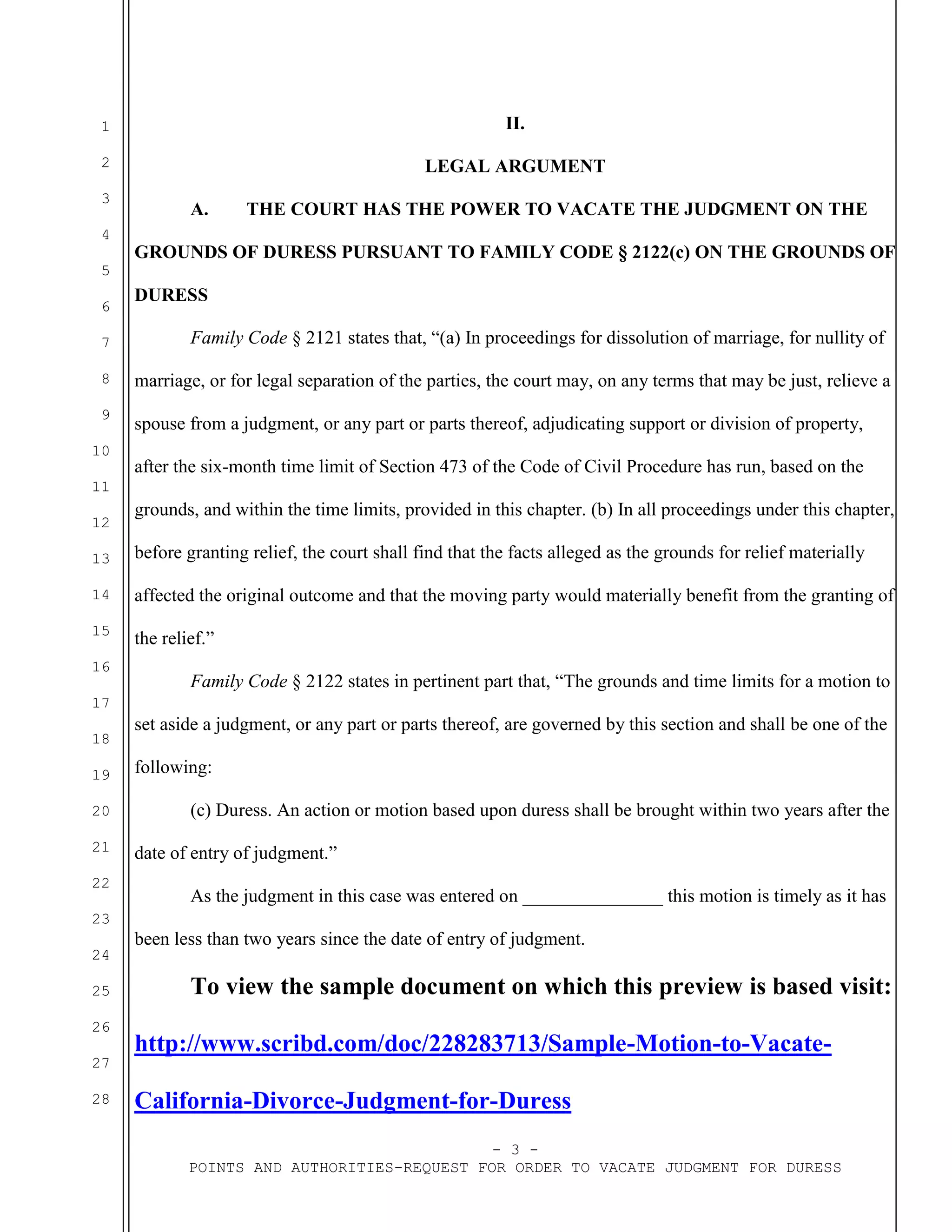 Sample motion to vacate California divorce judgment for fraud | DOC