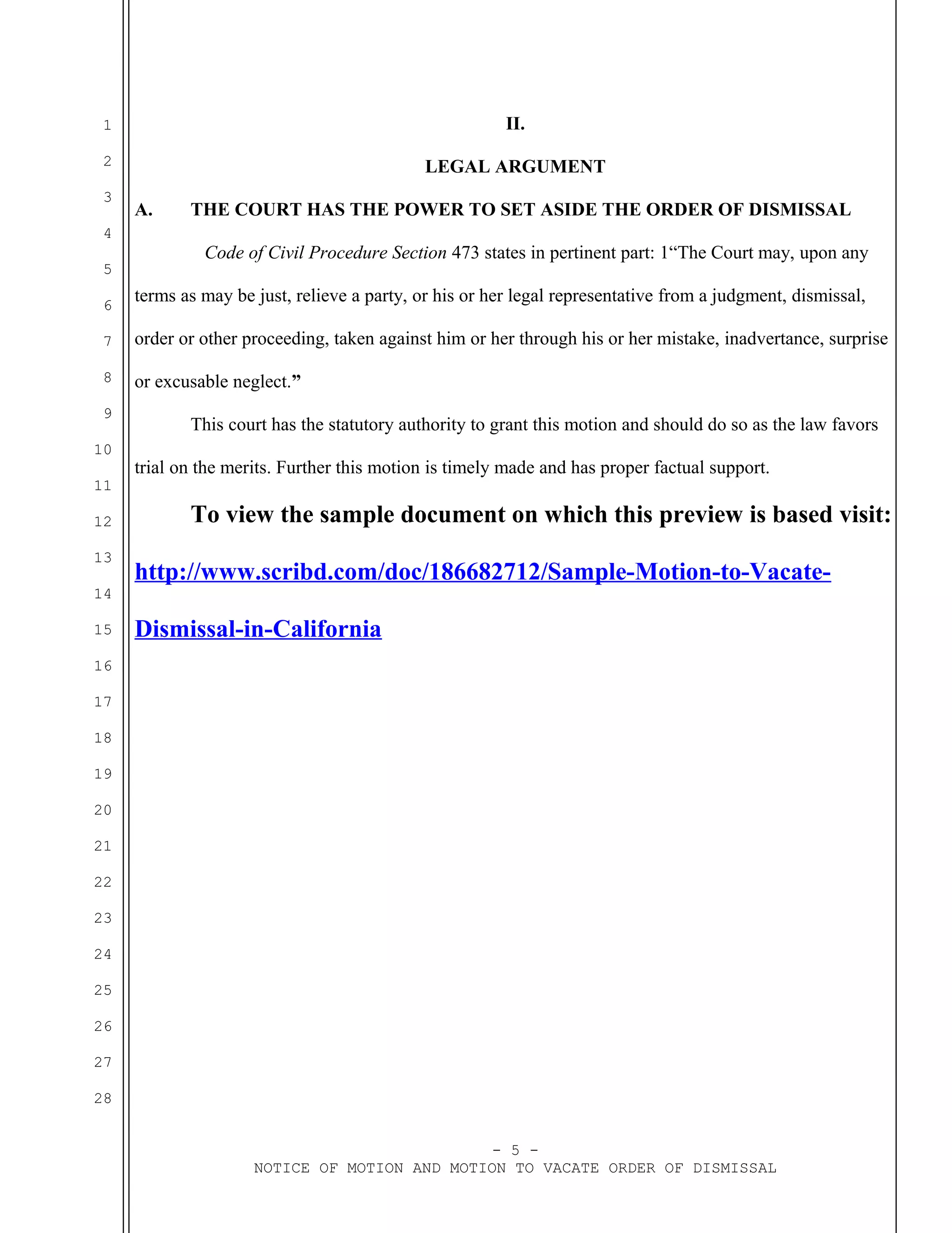 Sample California motion to vacate order of dismissal | DOC