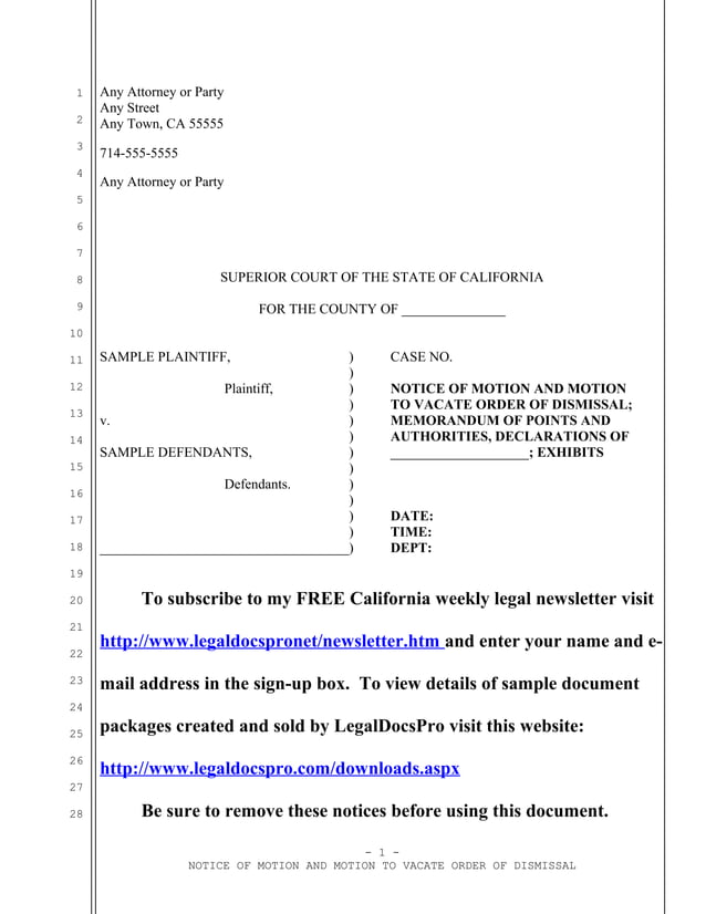 Sample California motion to vacate order of dismissal | PDF