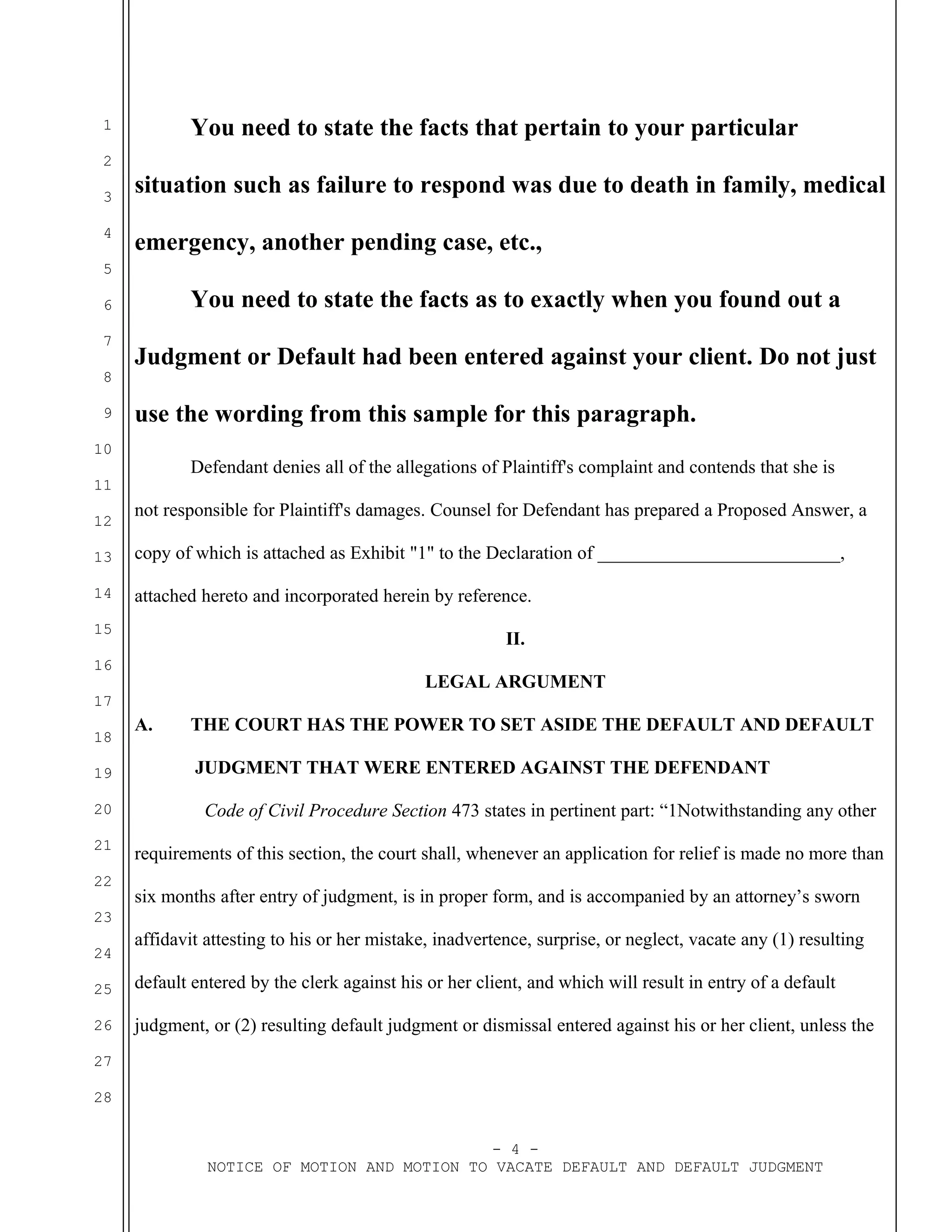 Sample California motion to vacate judgment with attorney affidavit of ...