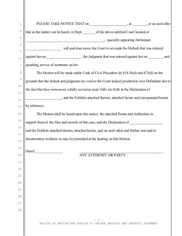 Sample motion to vacate judgment and quash service for California