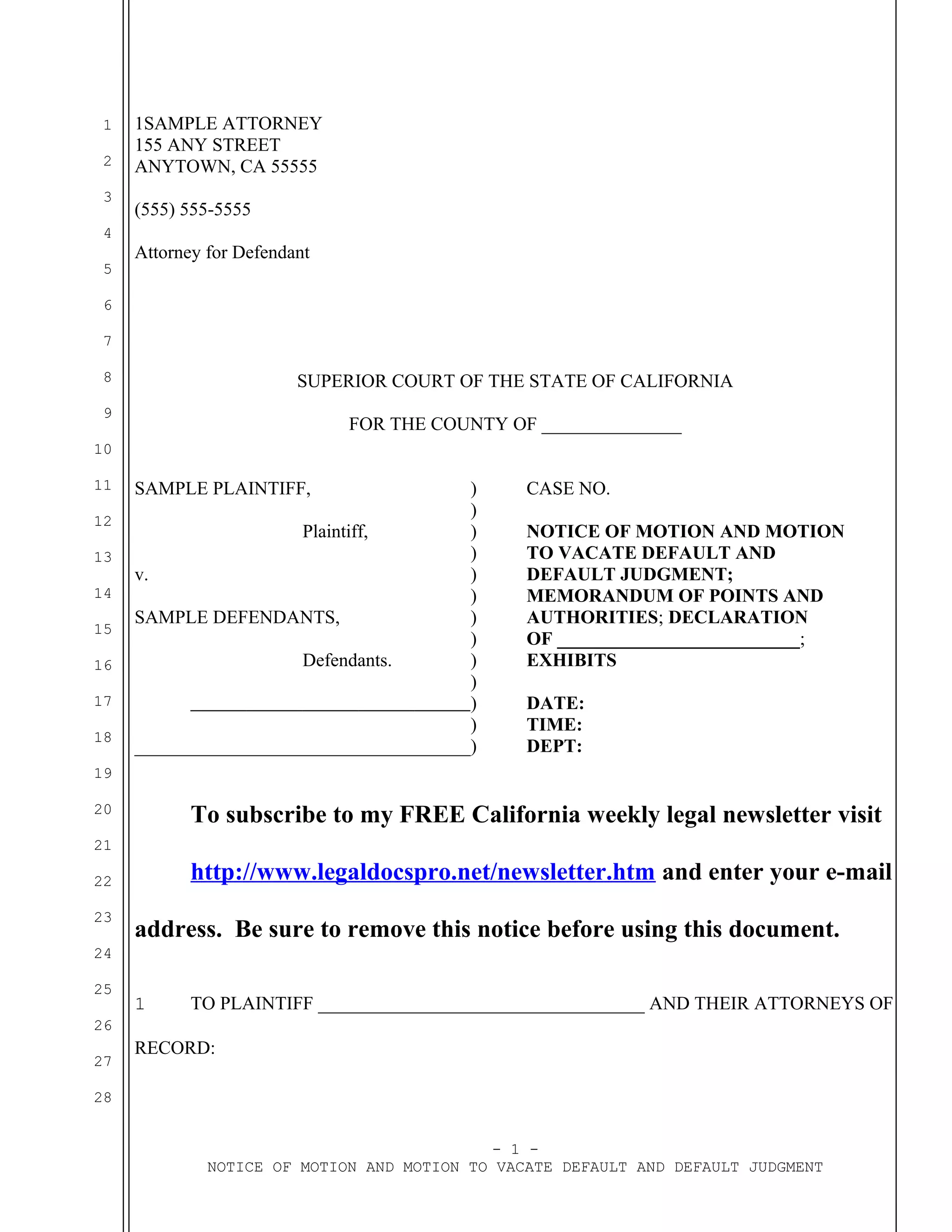 Sample California motion to vacate default judgment for extrinsic fraud ...