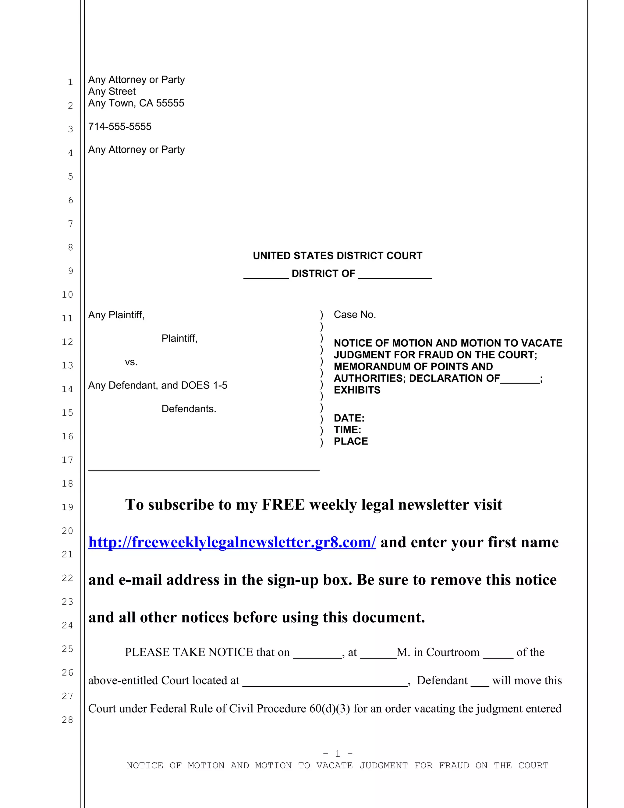 Sample motion to vacate judgment for fraud on the court under rule 60(d ...