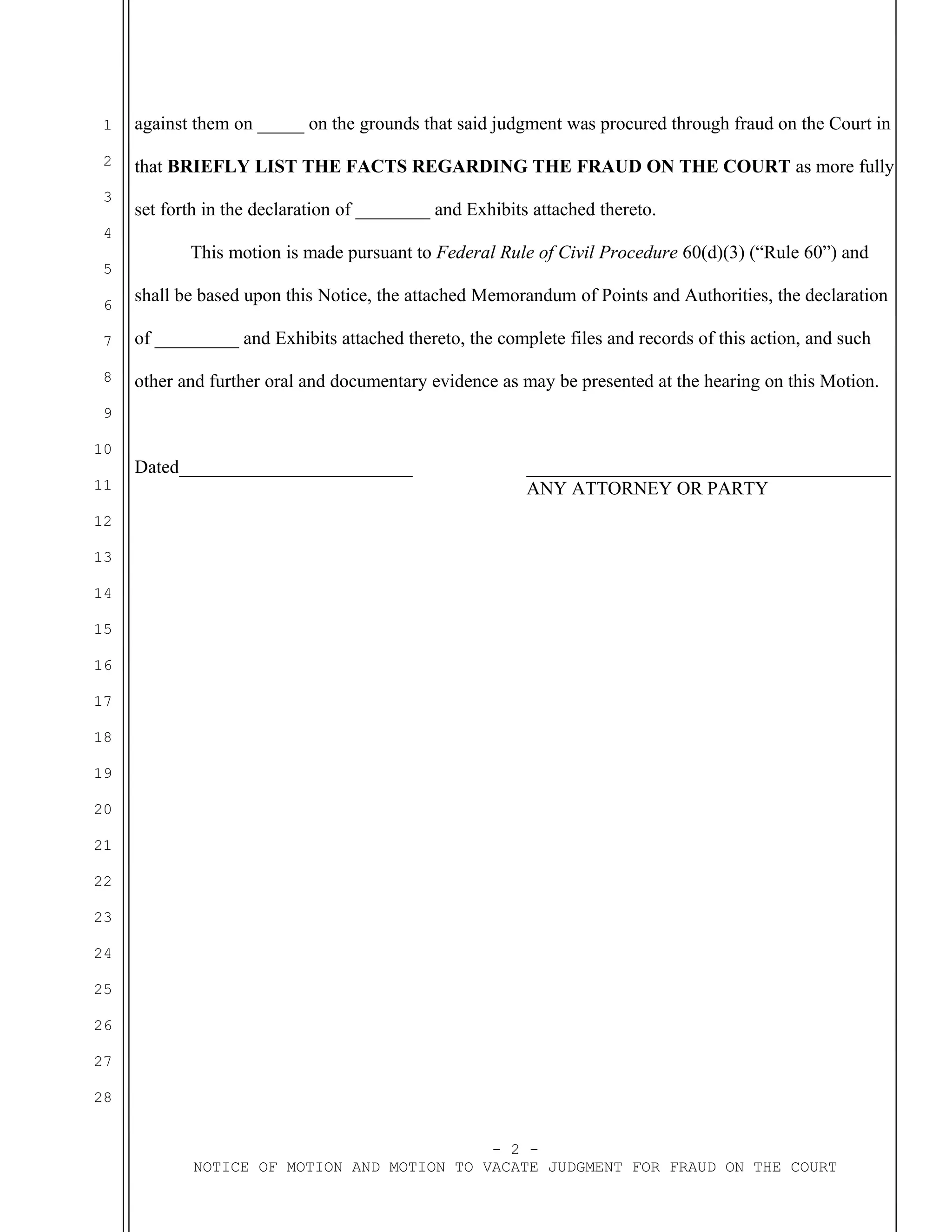 Sample motion to vacate judgment for fraud on the court under rule 60(d)(3) | DOC