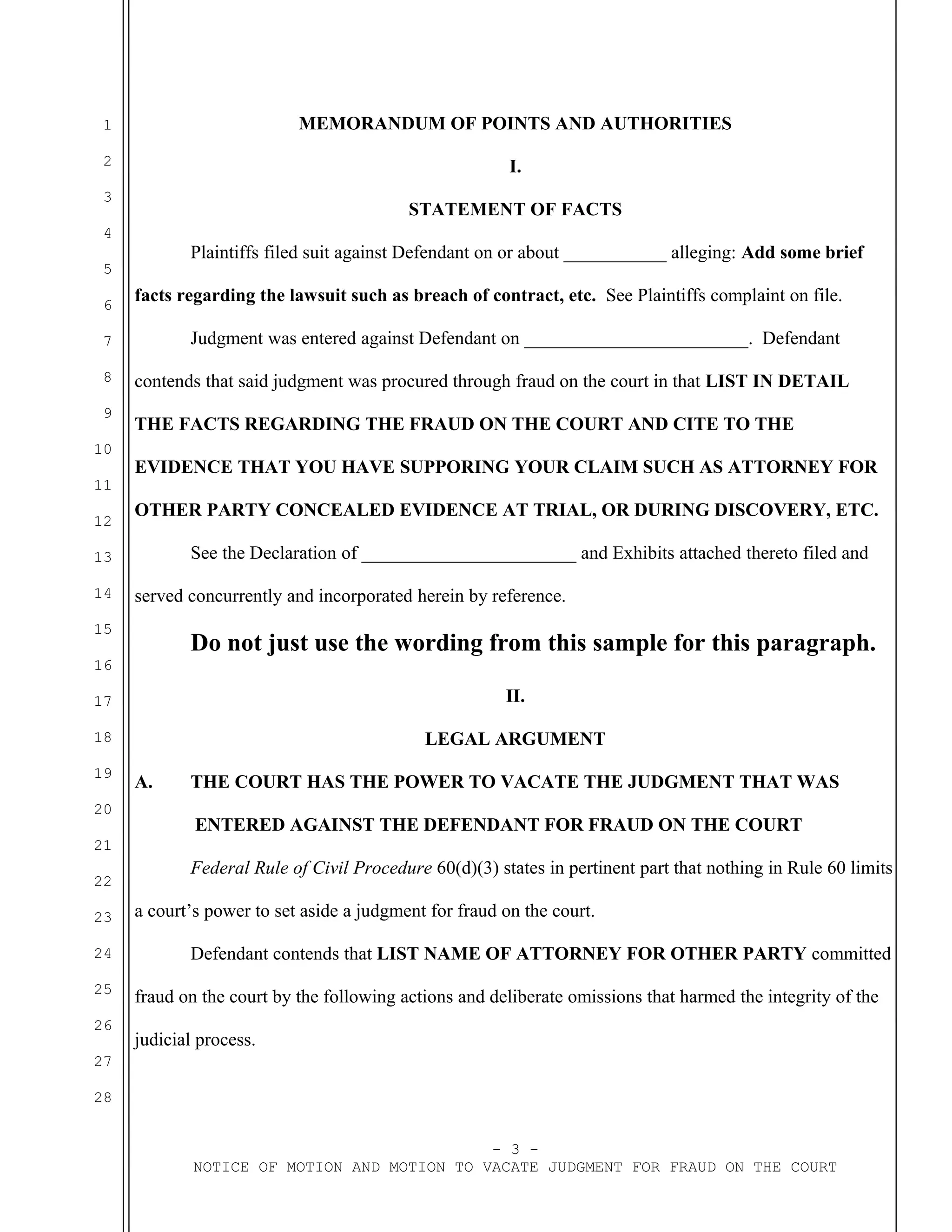 Sample motion to vacate judgment for fraud on the court under rule 60(d ...