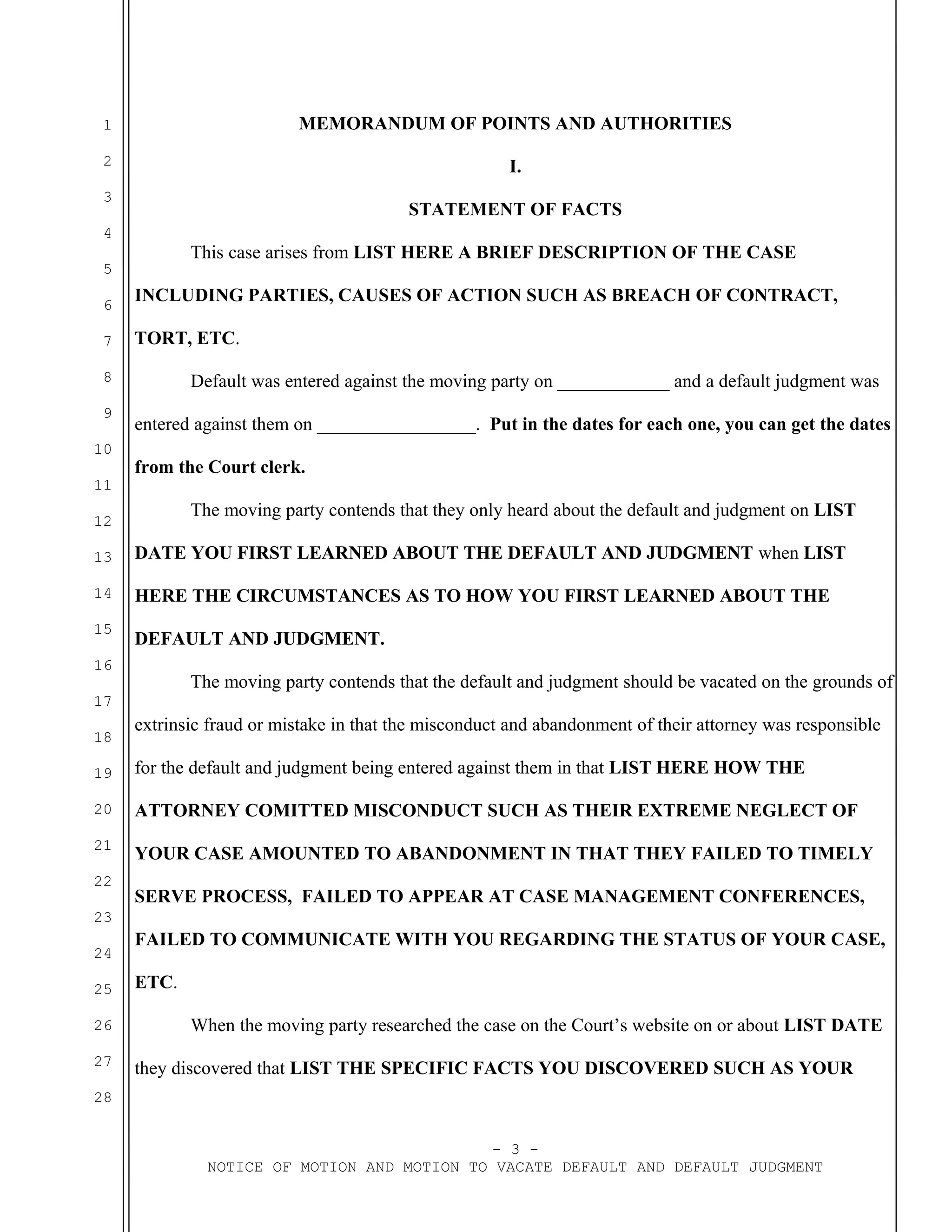 Sample motion to vacate judgment in California due to attorney ...