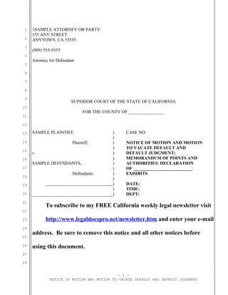 Sample California motion to vacate default judgment under Code of Civl ...