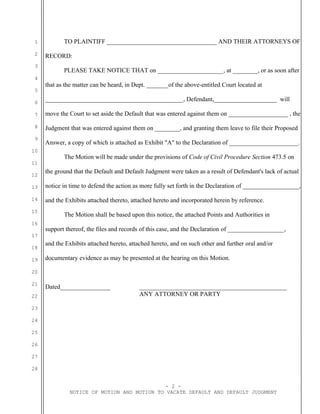 Sample California motion to vacate default judgment under Code of Civl ...