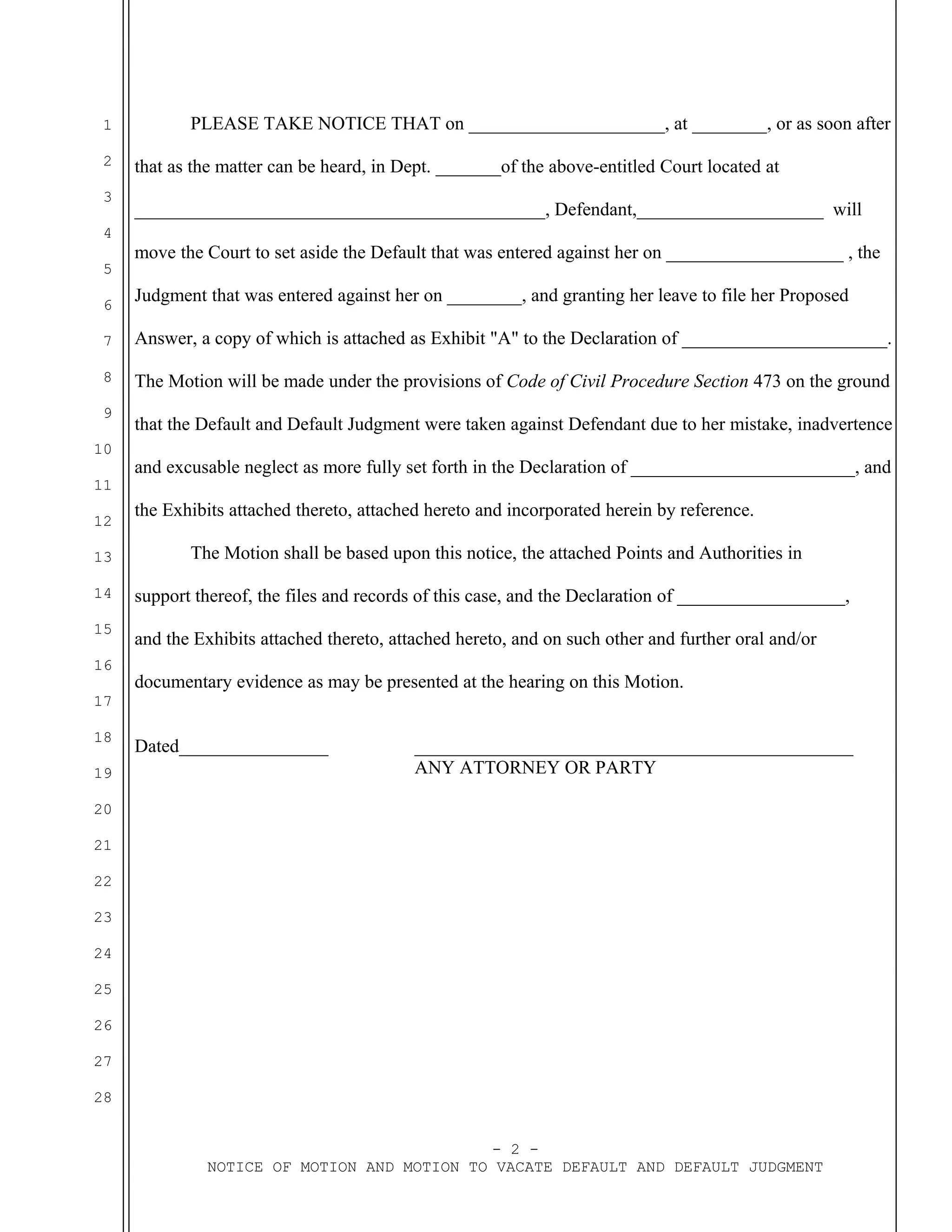 Sample California motion to vacate default judgment under ccp section ...