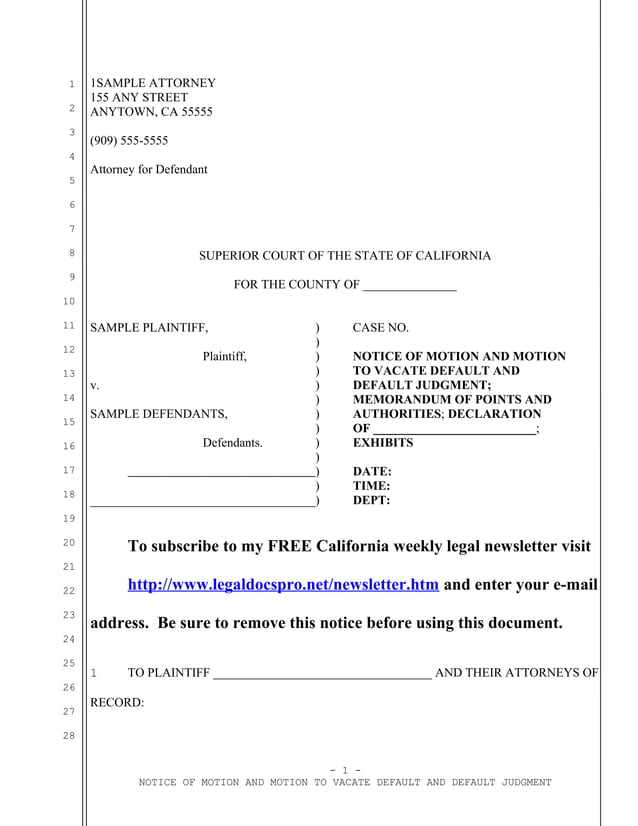 Sample California motion to vacate default judgment under ccp section ...
