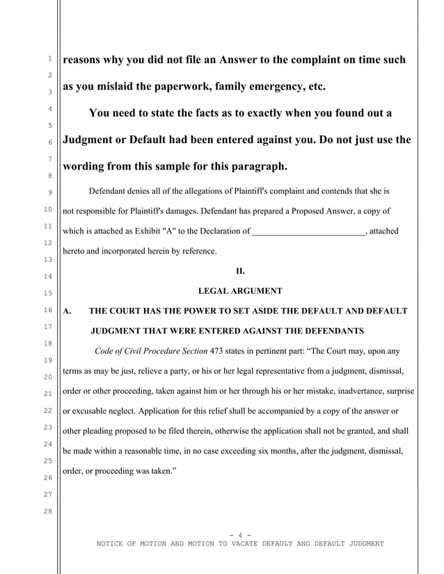 Sample California motion to vacate default judgment under ccp section ...