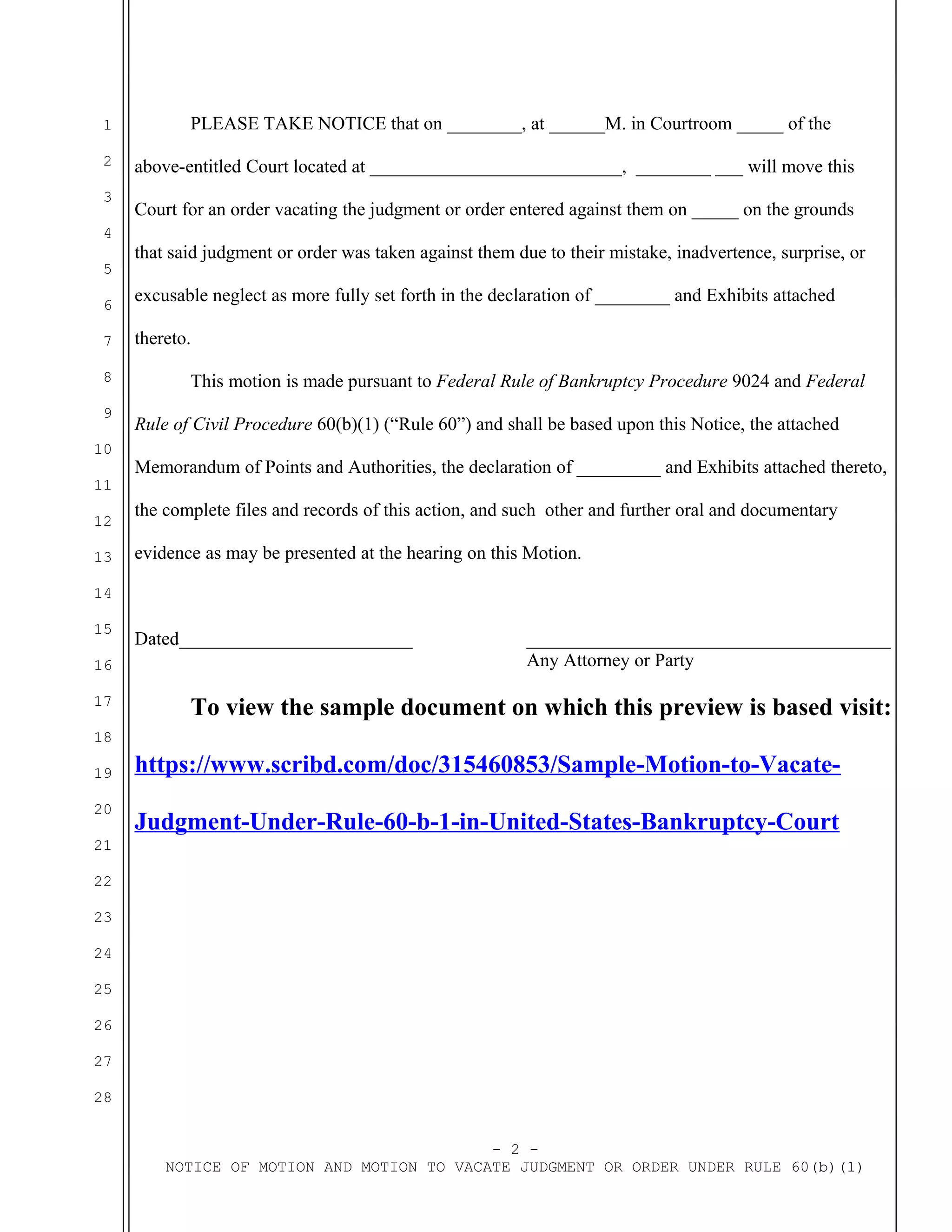 Sample motion to vacate judgment under rule 60(b)(1) in United States ...