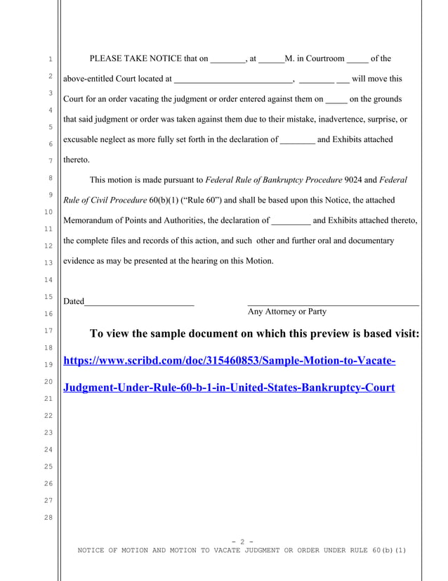 Sample motion to vacate judgment under rule 60(b)(1) in United States ...