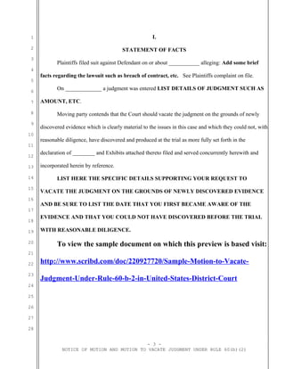 Sample motion to vacate judgment under rule 60(b)(2) in United States ...