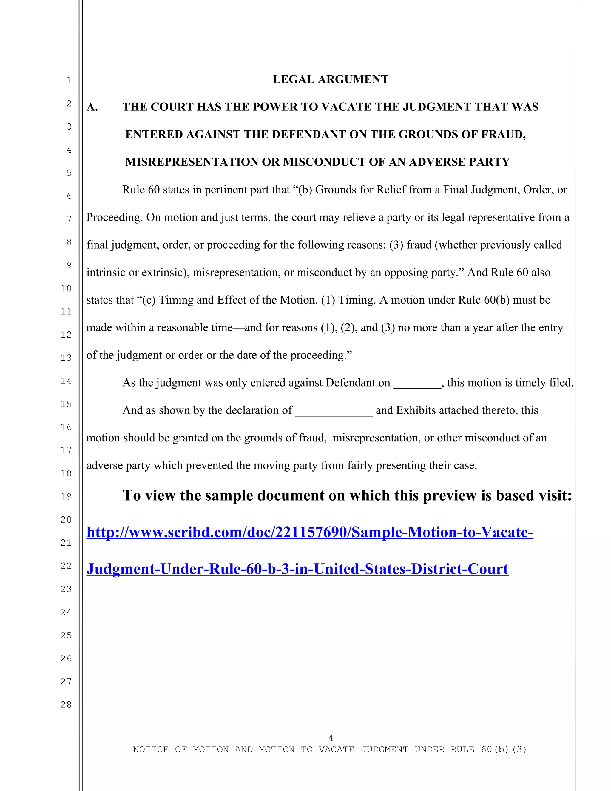Sample motion to vacate judgment under Rule 60(b)(3) in United States ...