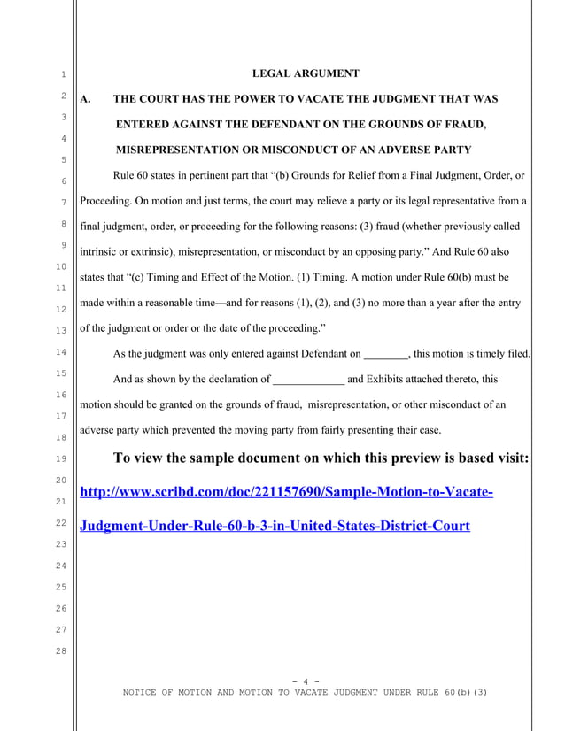 Sample motion to vacate judgment under Rule 60(b)(3) in United States ...