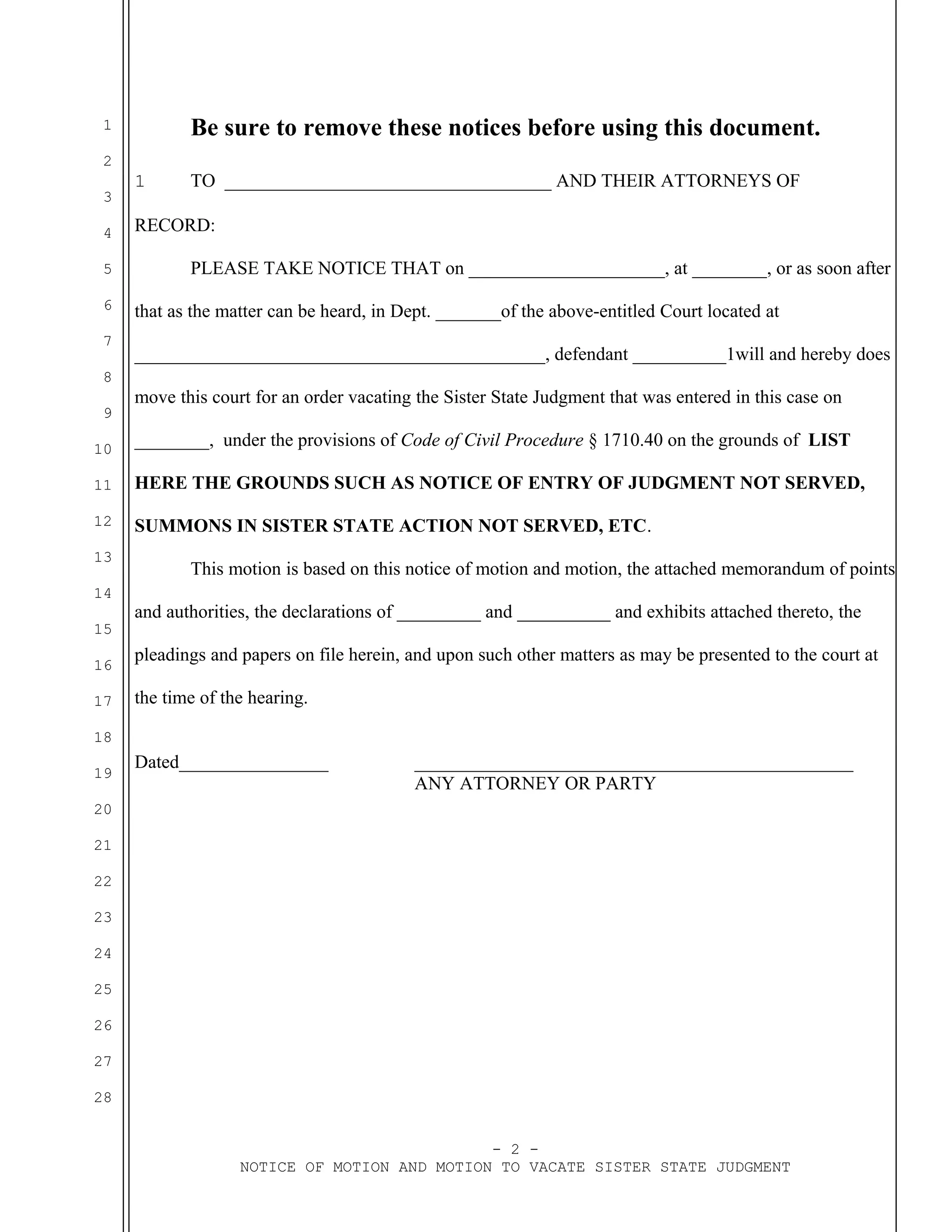 Sample motion to vacate sister state judgment in California | DOC