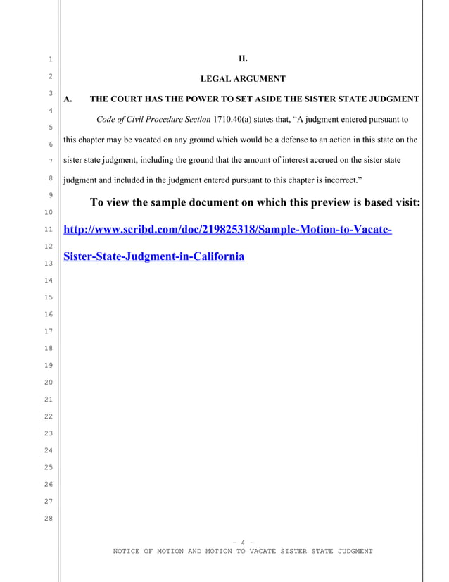 Sample motion to vacate sister state judgment in California | DOC