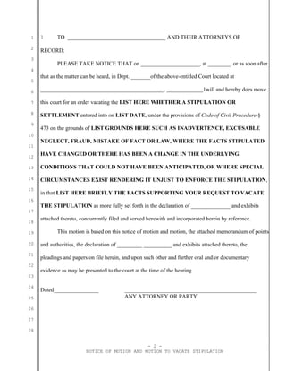 Sample motion to vacate stipulation in California | DOC