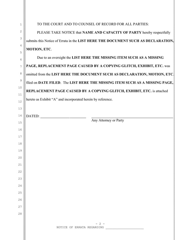 Sample Notice of Errata for California | DOC | Legal Services Industry ...