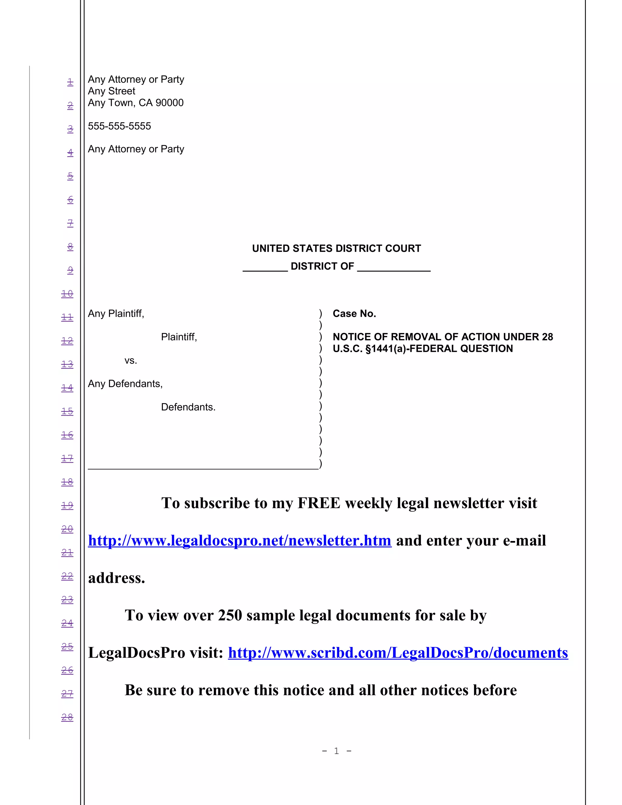 Sample notice of removal to United States District Court | DOC