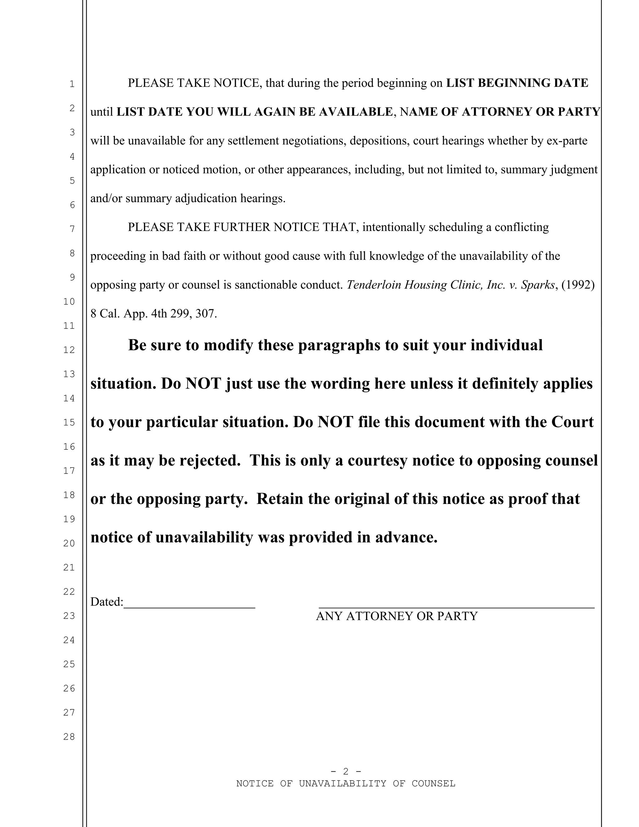 Sample notice of unavailability of counsel for California | DOC