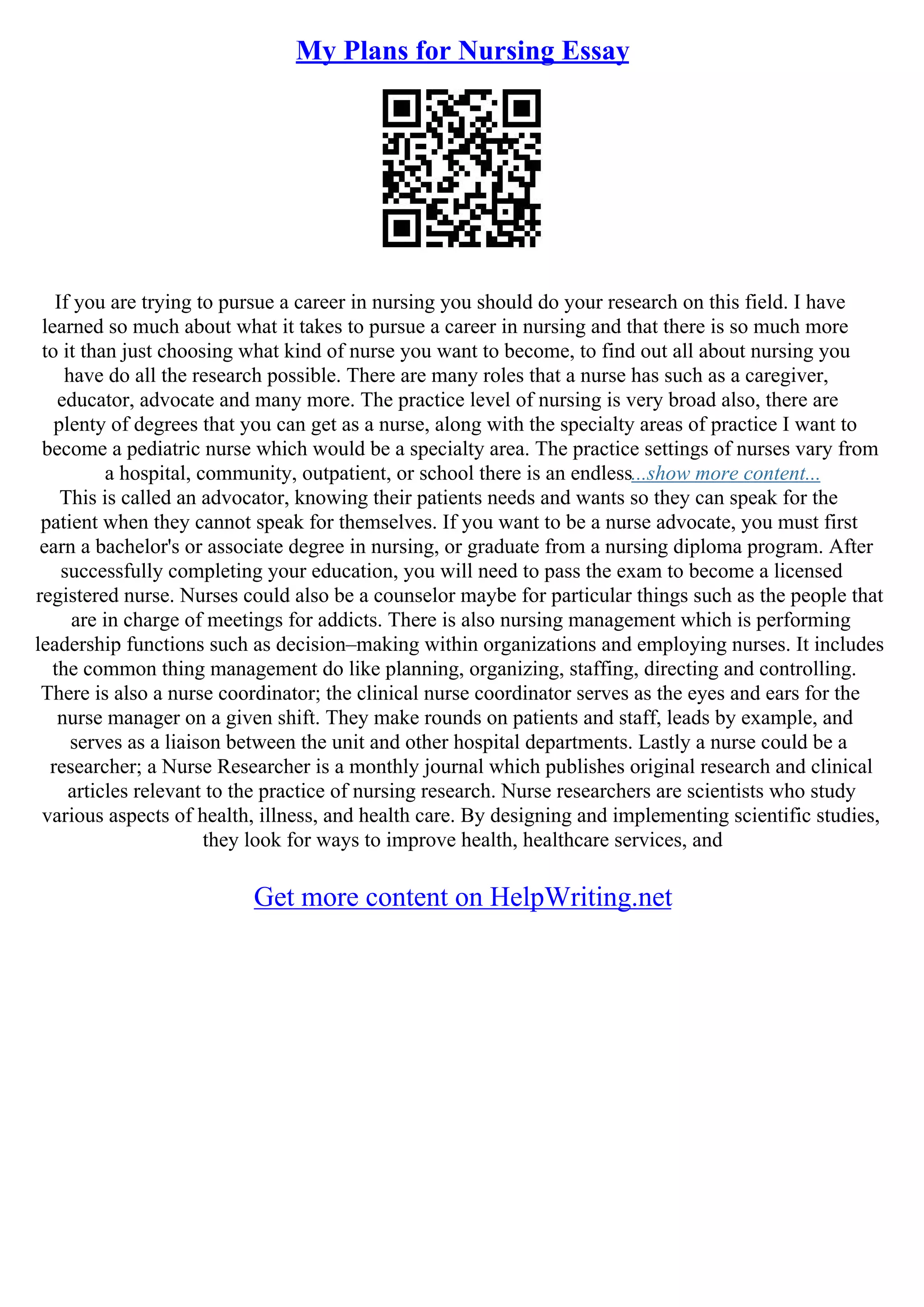 Sample Nursing School Essays | PDF