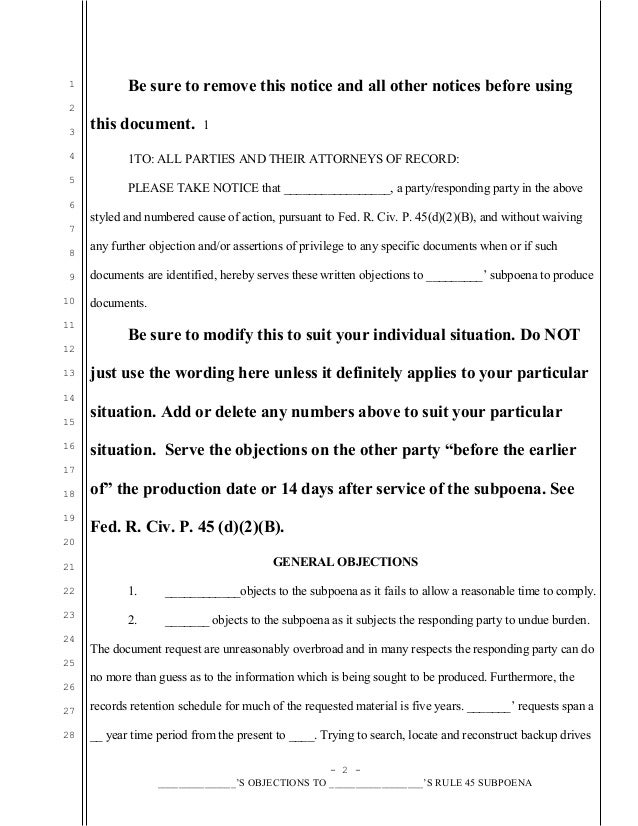 Sample objections to Rule 45 subpoena in United States District Court