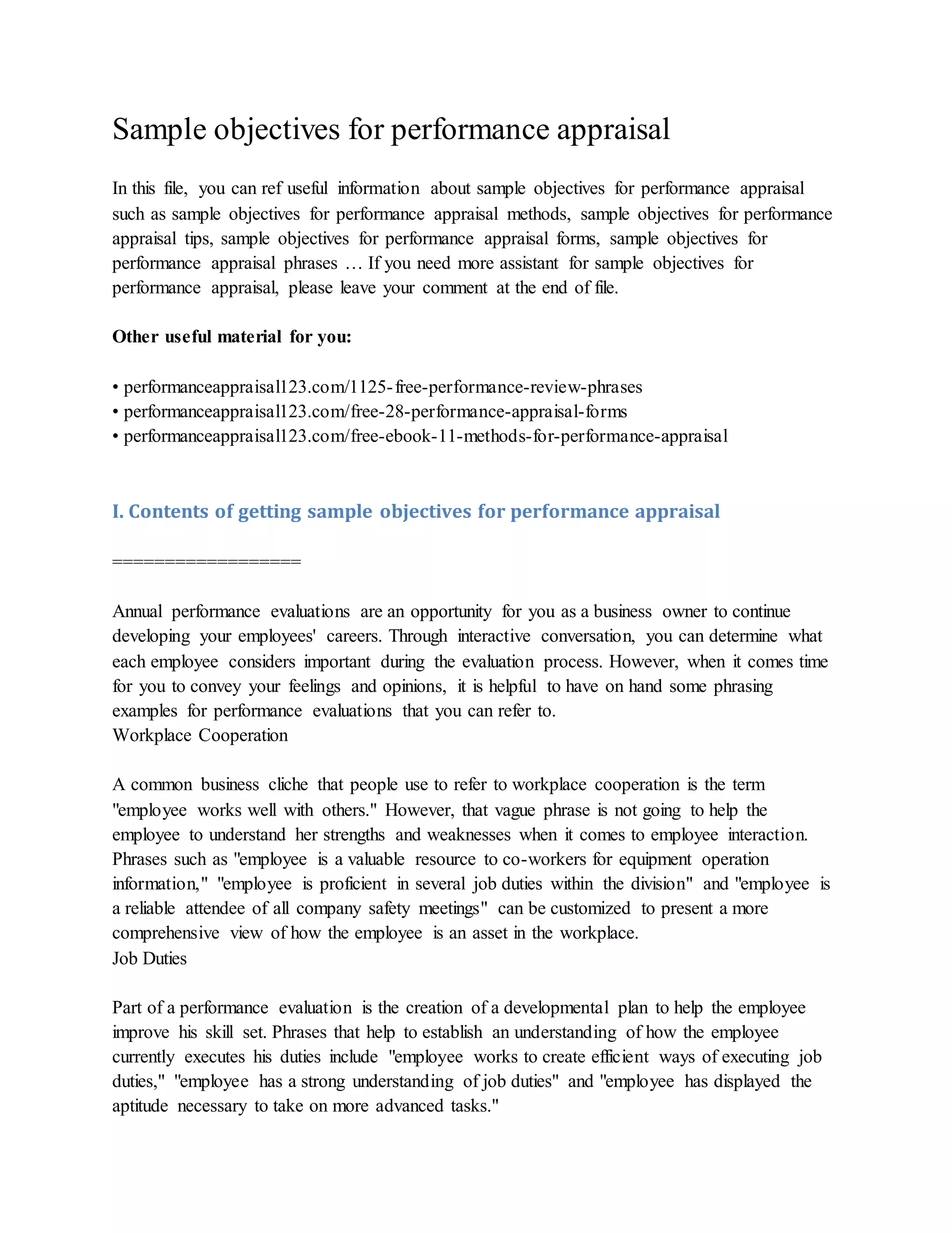 Sample objectives for performance appraisal | DOCX