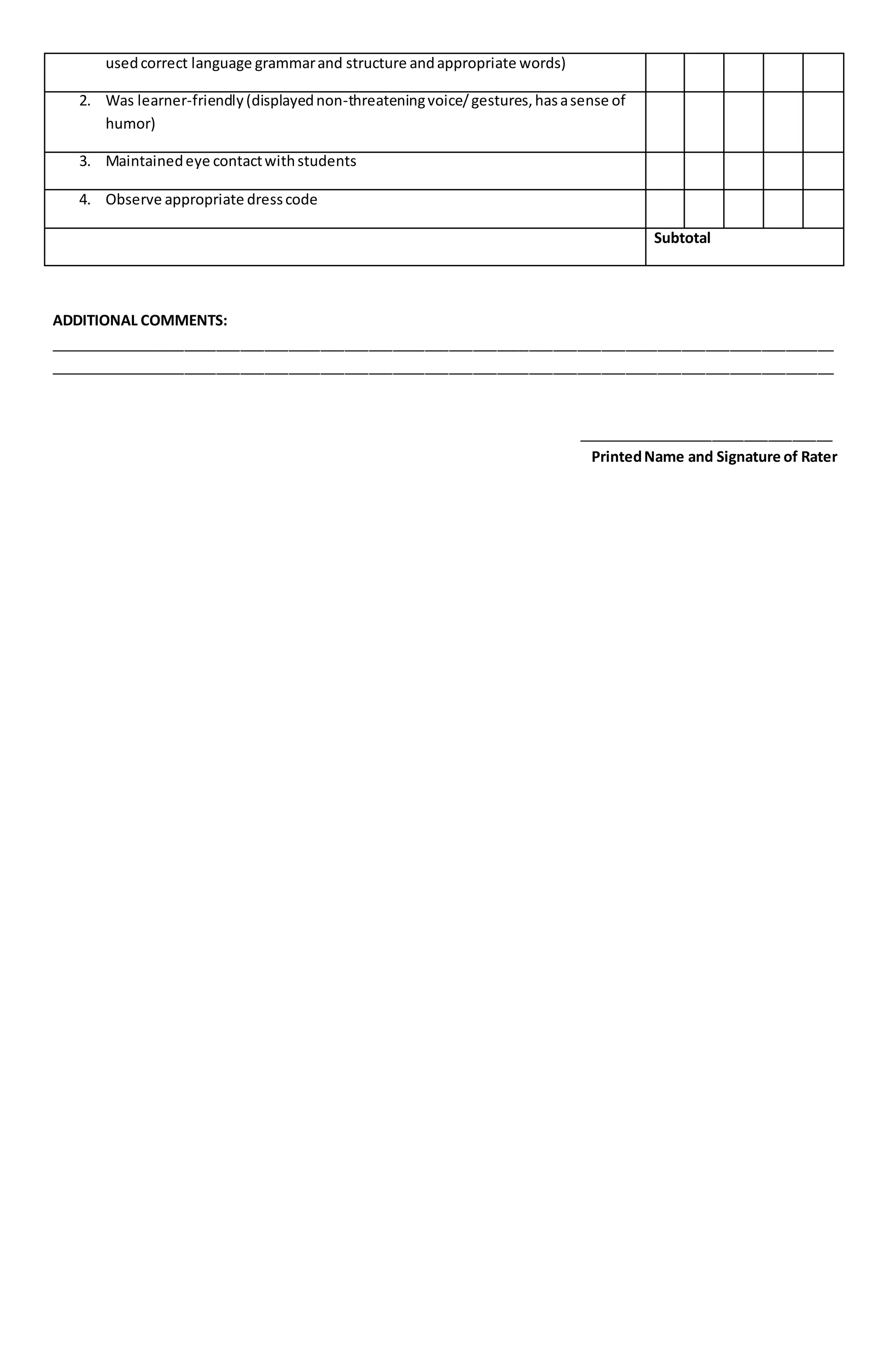 Sample Observation and Rating Sheet in Lesson Plan | DOCX