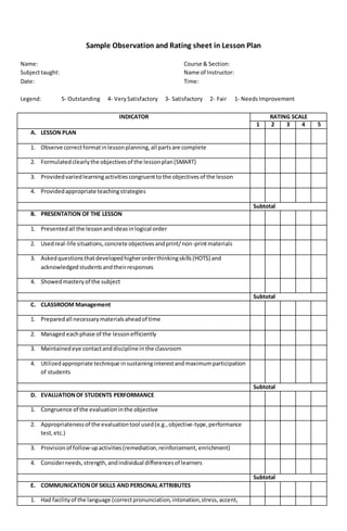 Sample Observation and Rating Sheet in Lesson Plan | PDF