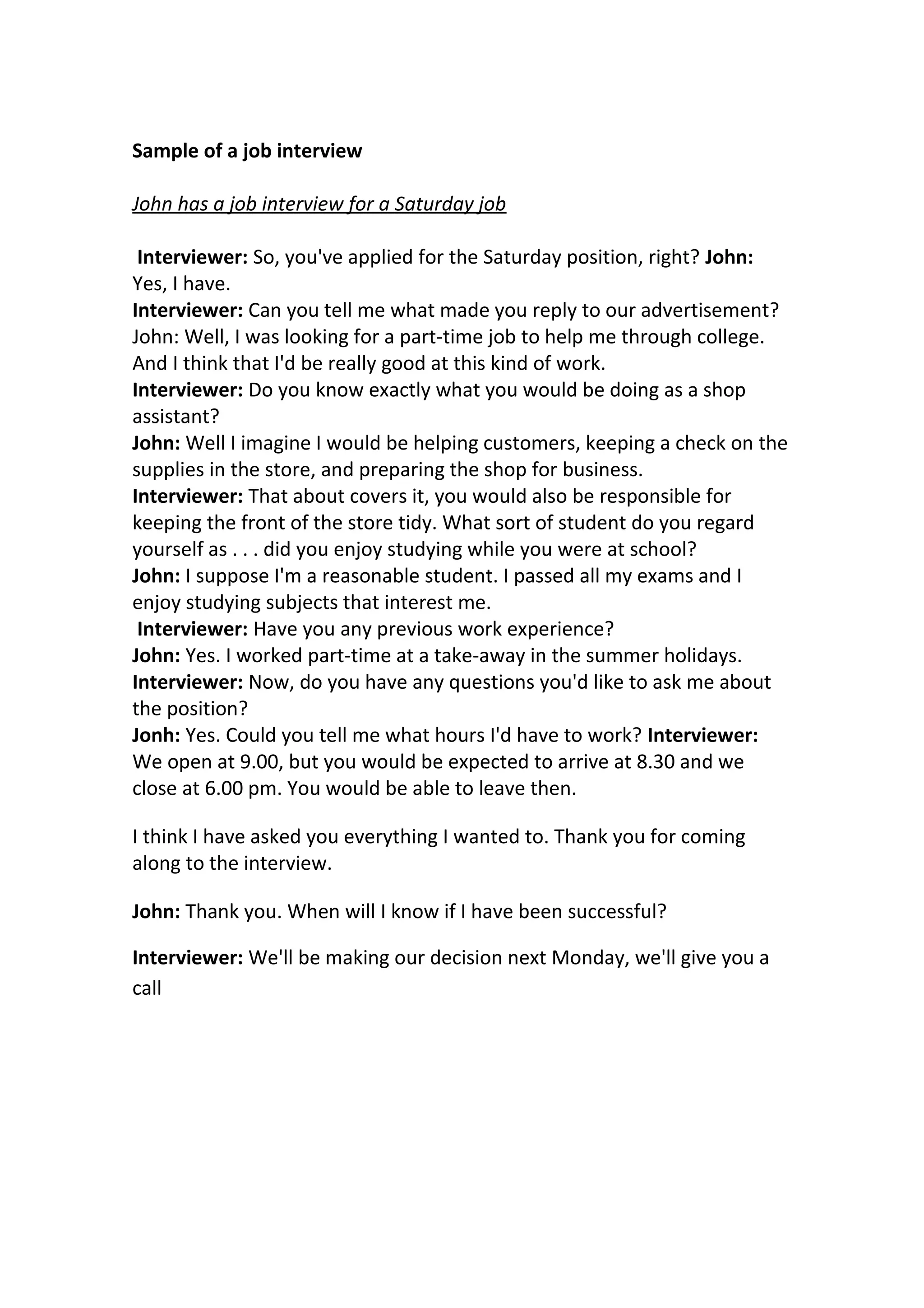 Sample of a job interview | DOC