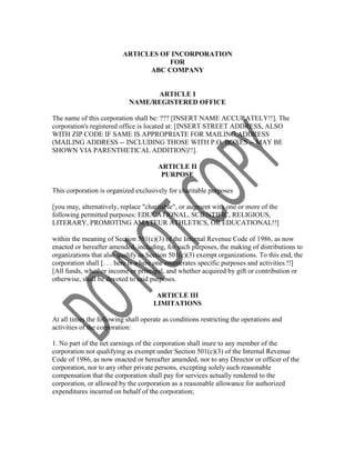 Sample of articles of incorporation | PDF